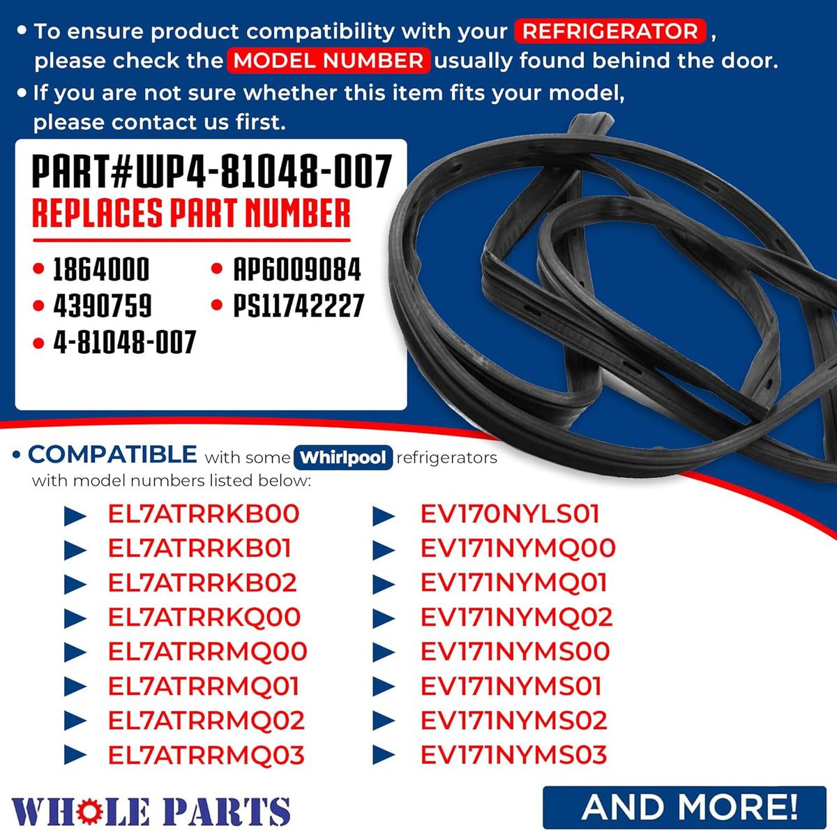 Whole Parts Refrigerator Door Seal Gasket (Black) Part# WP4-81048-007 ...